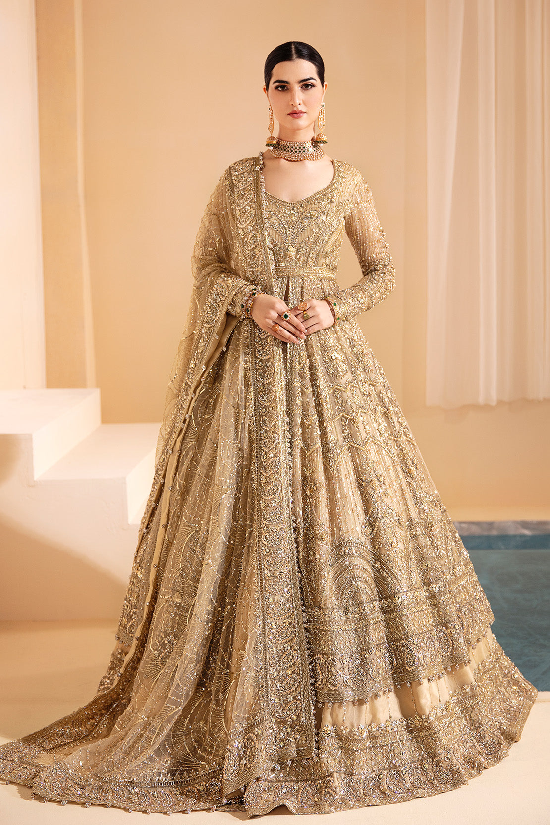 B22-007- GOLD DREAMY BRIDAL PESHWAS SET WITH LEHNGA – Ayesha Shoaib Malik